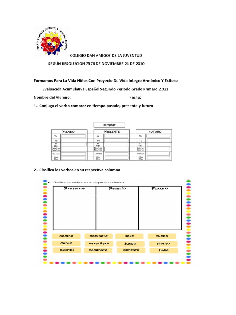 Evaluación Español Grado 1° 2021 | PDF
