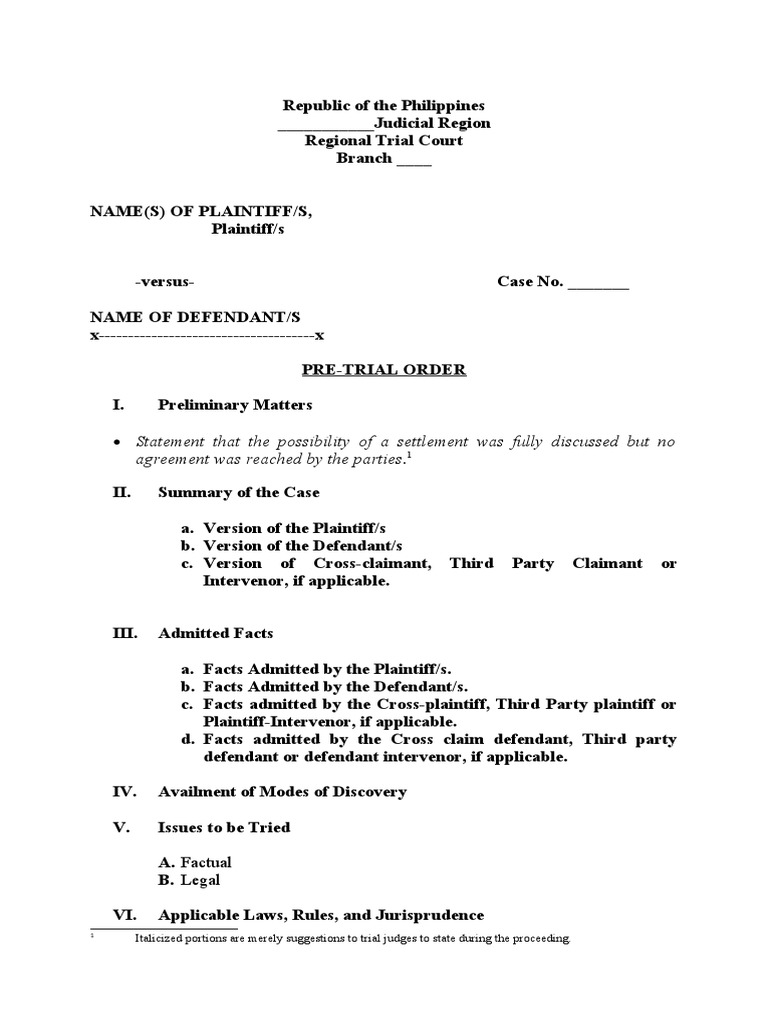 Pre Trial Order and Minutes of Pre Trial Template 2021 | PDF | Trials ...