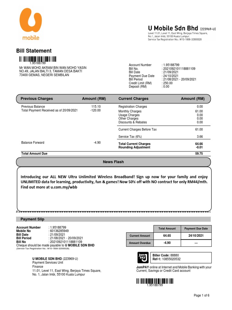 U Mobile Bill Statement 09/2021 | PDF | Payments | Debit Card