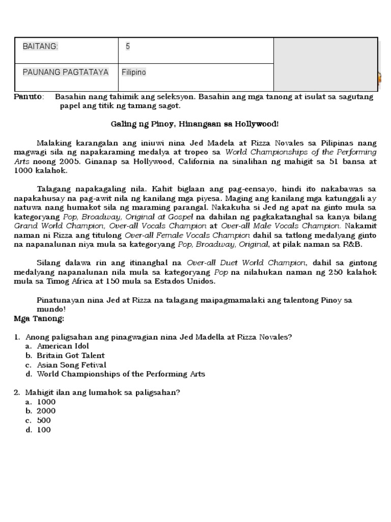 Baitang 5 Paunang Pagtataya | PDF