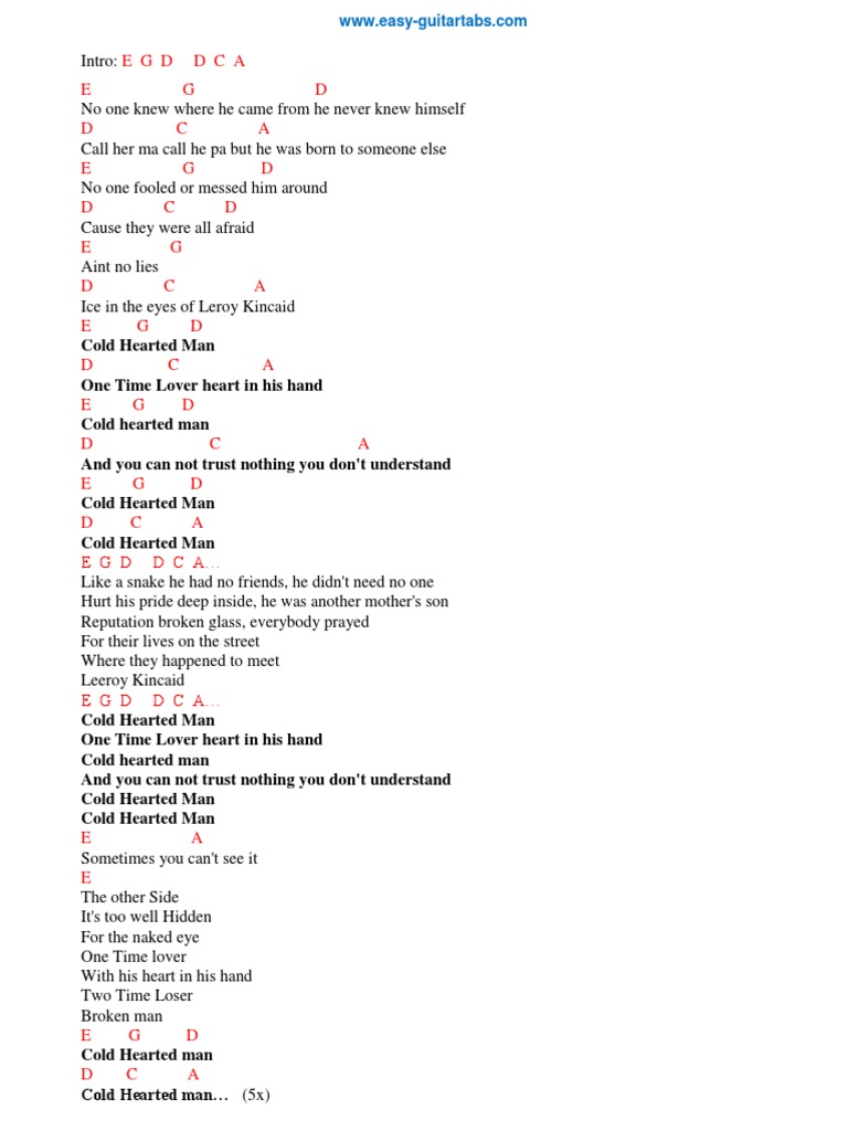 PDF Cold Hearted Man - Easy Guitar Tabs | PDF
