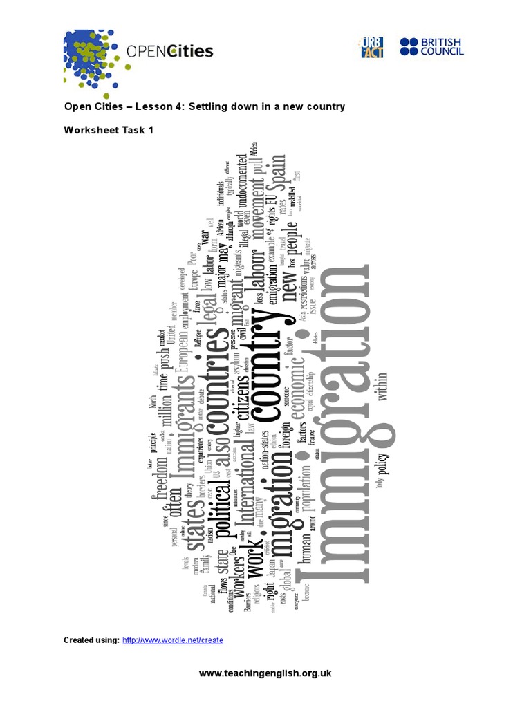 Open Cities - Lesson 4: Settling Down in A New Country Worksheet Task 1 ...
