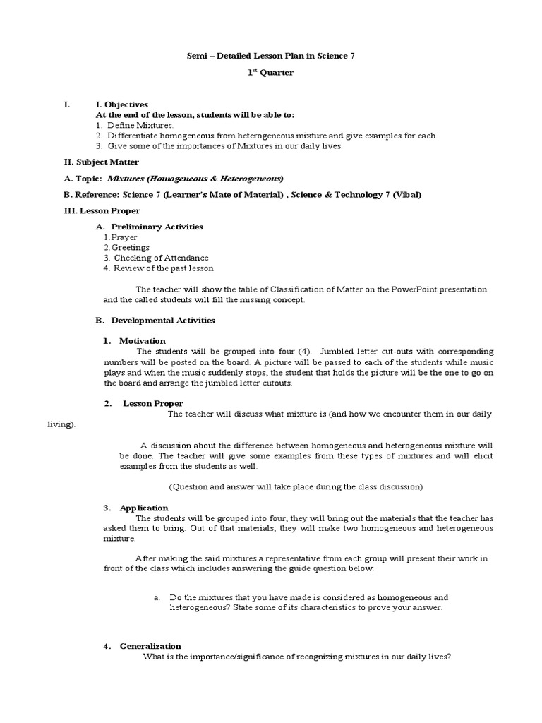 Semi Detailed Lesson Plan in Science 7 2019 Yo | PDF | Mixture | Lesson ...