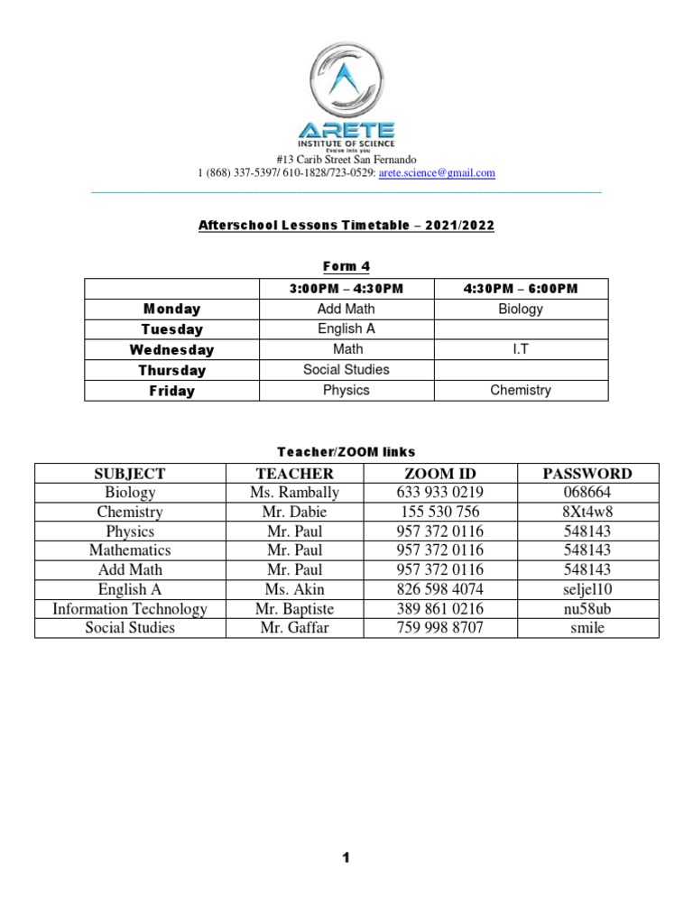Form 4 - Afterschool Lessons Timetable 2021-2022 | PDF
