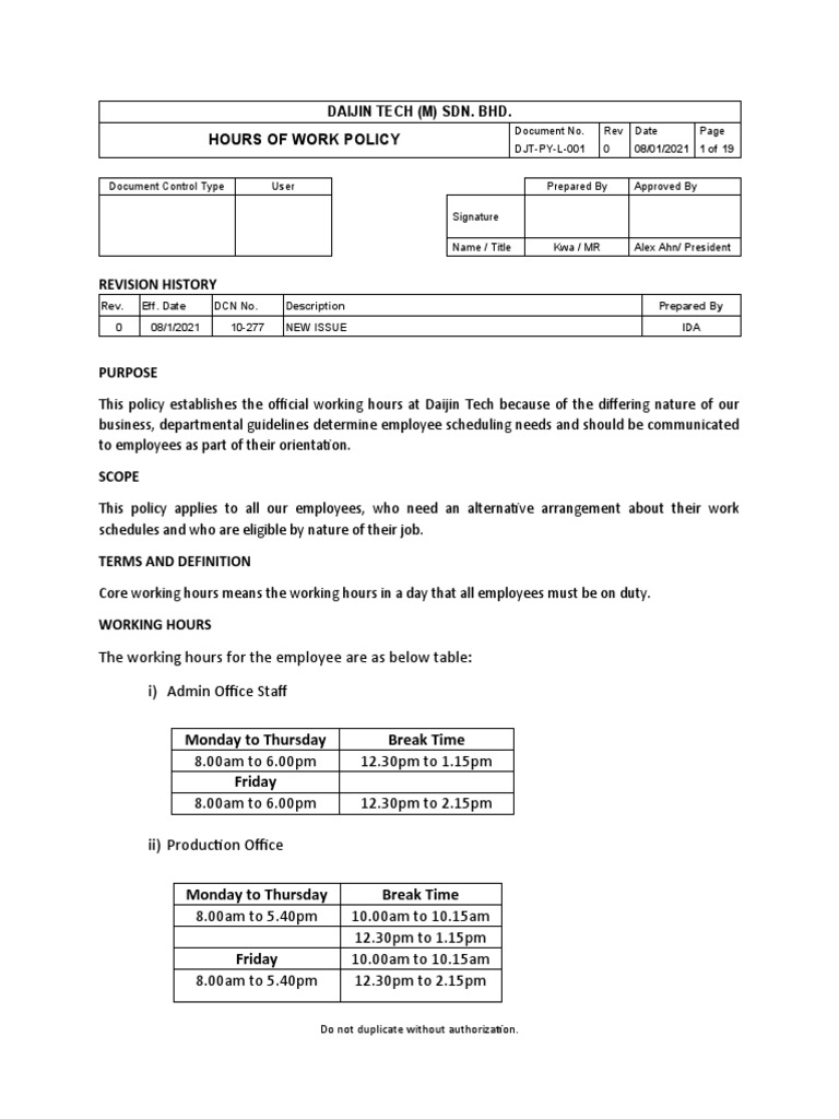 Revised Hours of Work Policy 071021 | PDF | Working Time | Overtime