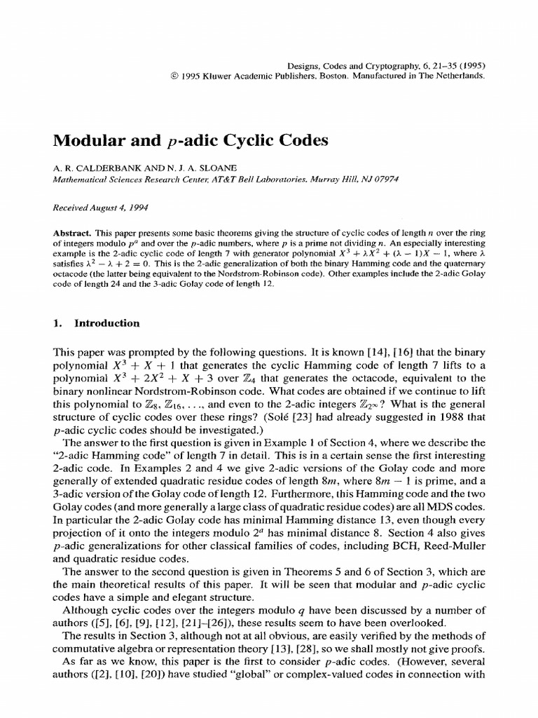 Modular and P-Adic Cyclic Codes | PDF | Ring (Mathematics ...