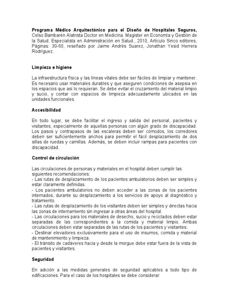 Programa Médico Arquitectónico para El Diseño de Hospitales Seguros ...
