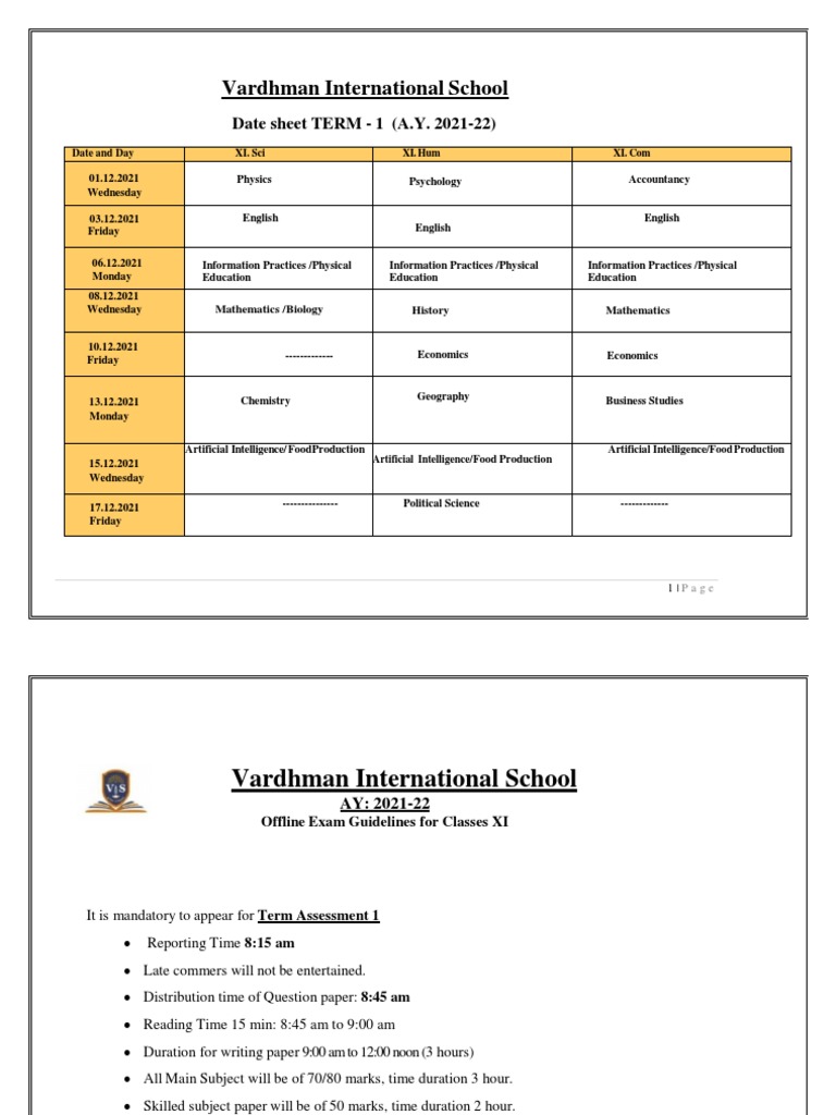 Vardhman International School: Date Sheet TERM - 1 (A.Y. 2021-22) | PDF ...