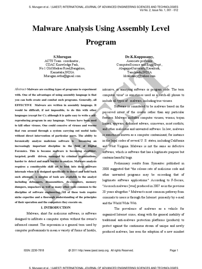 1 IJAEST Volume No 2 Issue No 1 Malware Analysis Using Assembly Level Program 000 012 | Download ...