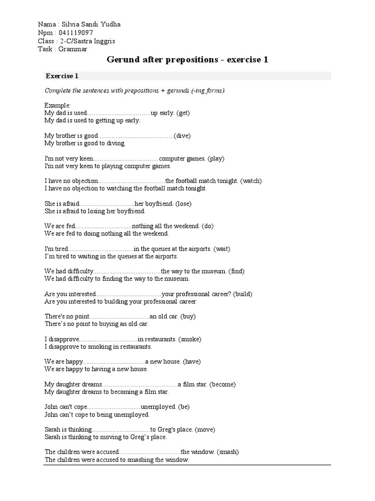 Gerund After Prepositions - Exercise 1 | PDF