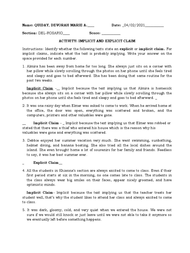 Implicit and Explicit Claims Activity | PDF | Language Arts & Discipline