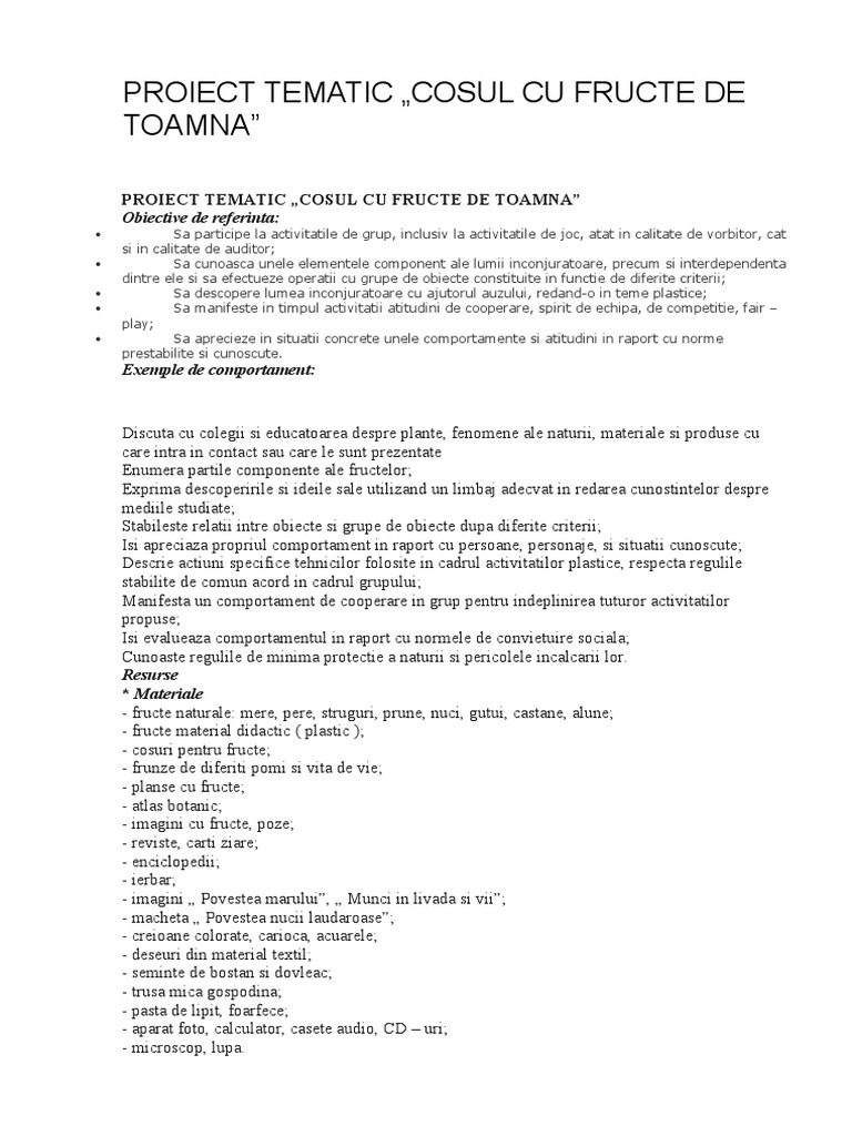 PROIECT TEMATIC Fructe de Toamna | PDF