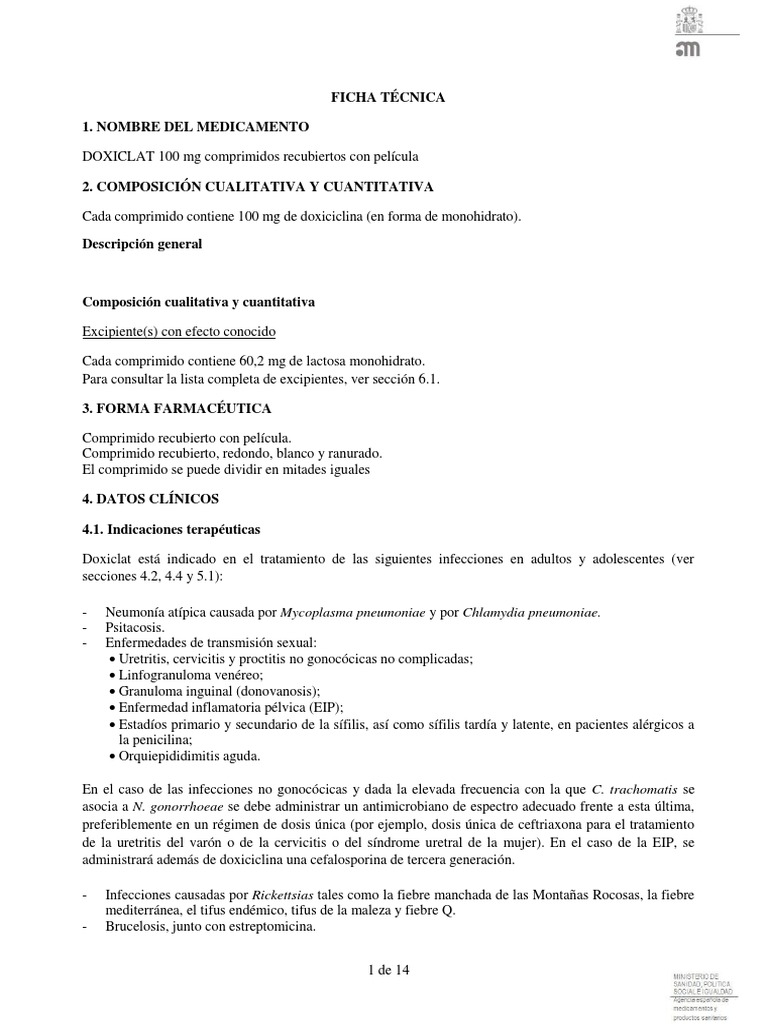 Doxiclat 100 mg: Usos y Dosificación | PDF | Medicamentos con receta ...