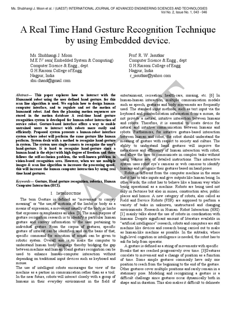 5 Ijaest Volume No 2 Issue No 1 A Real Time Hand Gesture Recognition Technique By Using Embedded