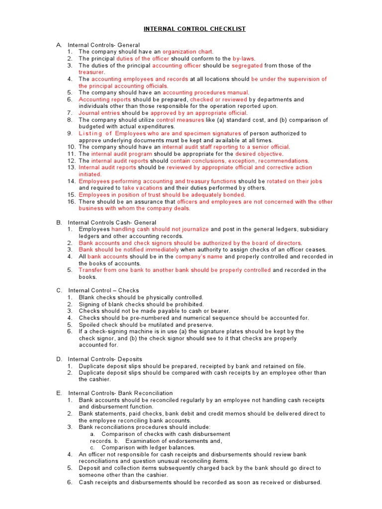Internal Control Checklist | PDF | Cheque | Bookkeeping