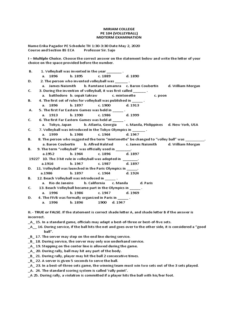 Volleyball Midterm Exam Guide | PDF | Volleyball | Sports Rules And ...