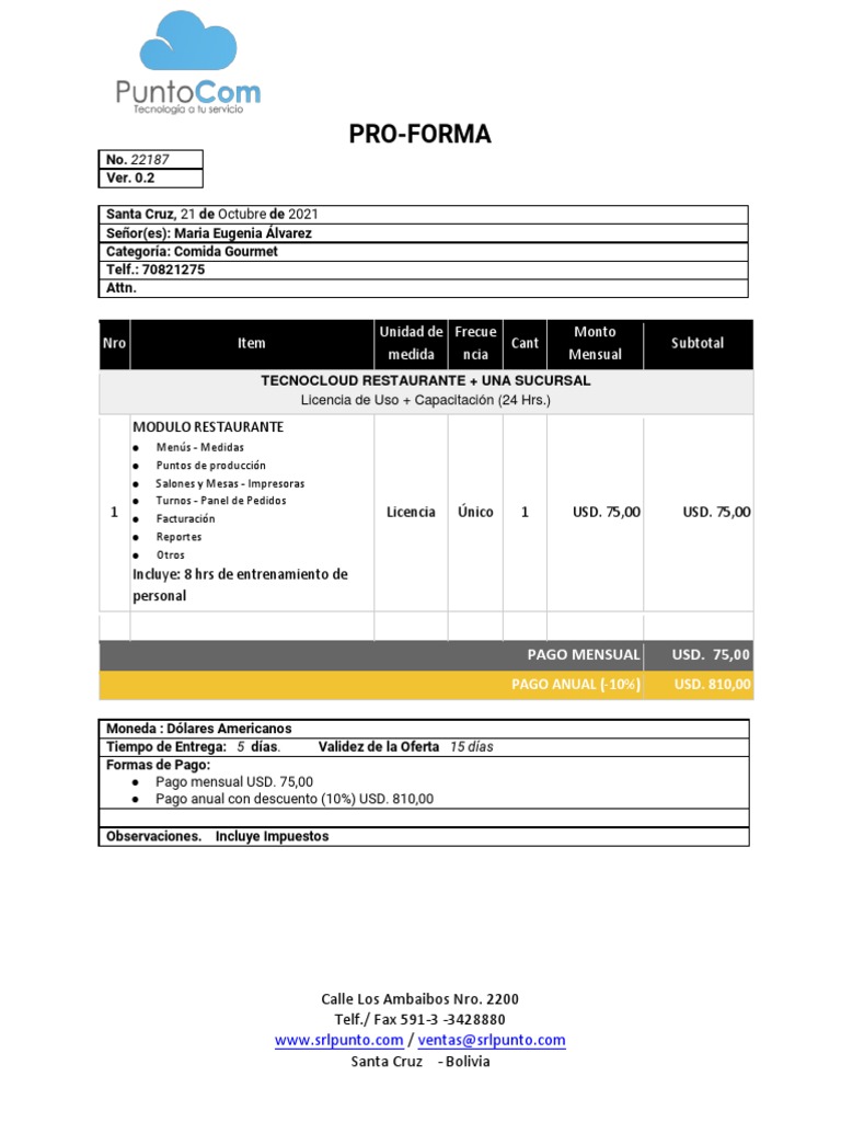 Proforma TecnoCloud ERP Comida Gourmet | PDF