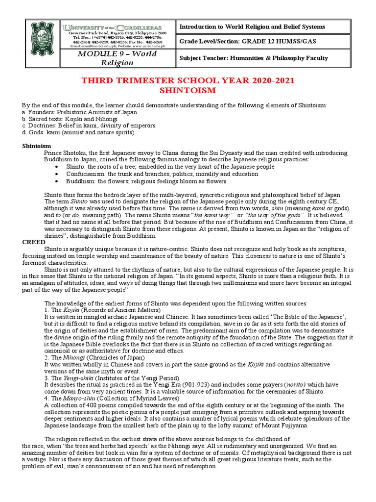 Third Trimester School Year 2020-2021 Shintoism: MODULE 9 - World ...