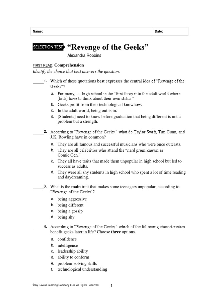"Revenge of The Geeks": Identify The Choice That Best Answers The ...