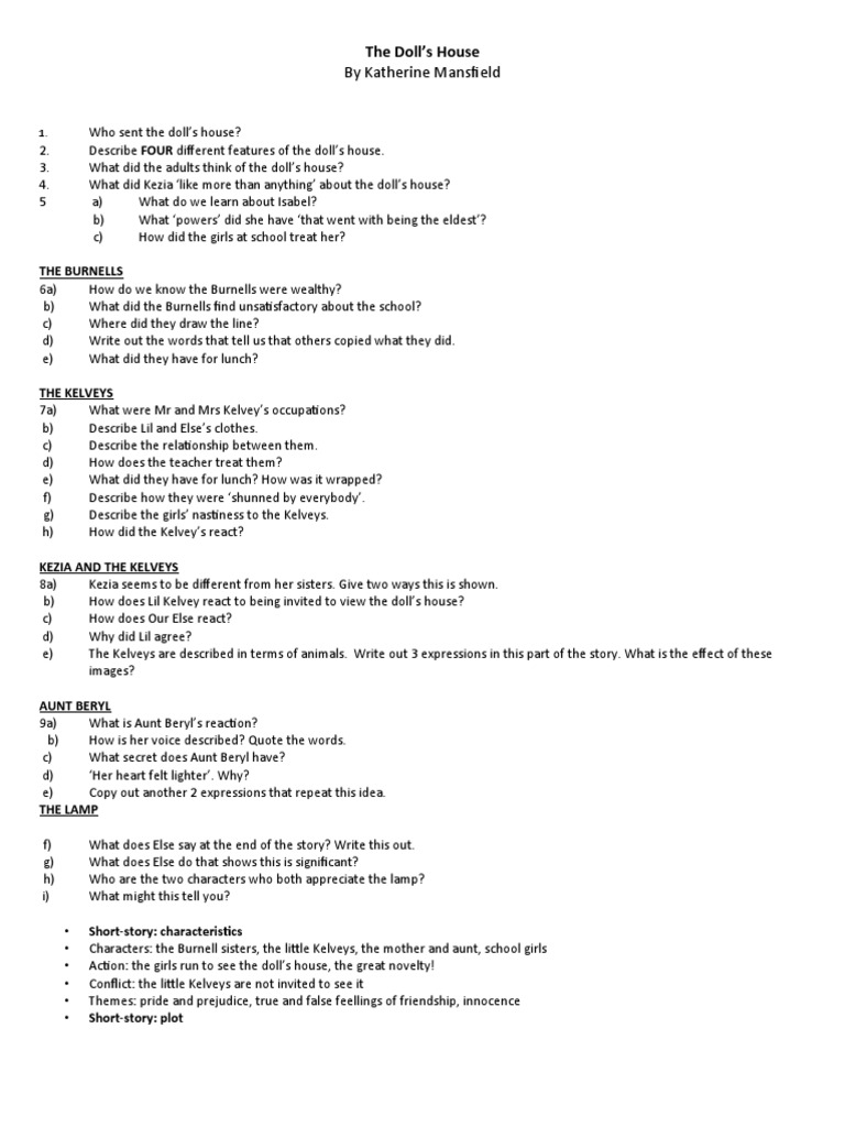 The Doll S House Reading Questions | PDF | Plot (Narrative) | Short Stories