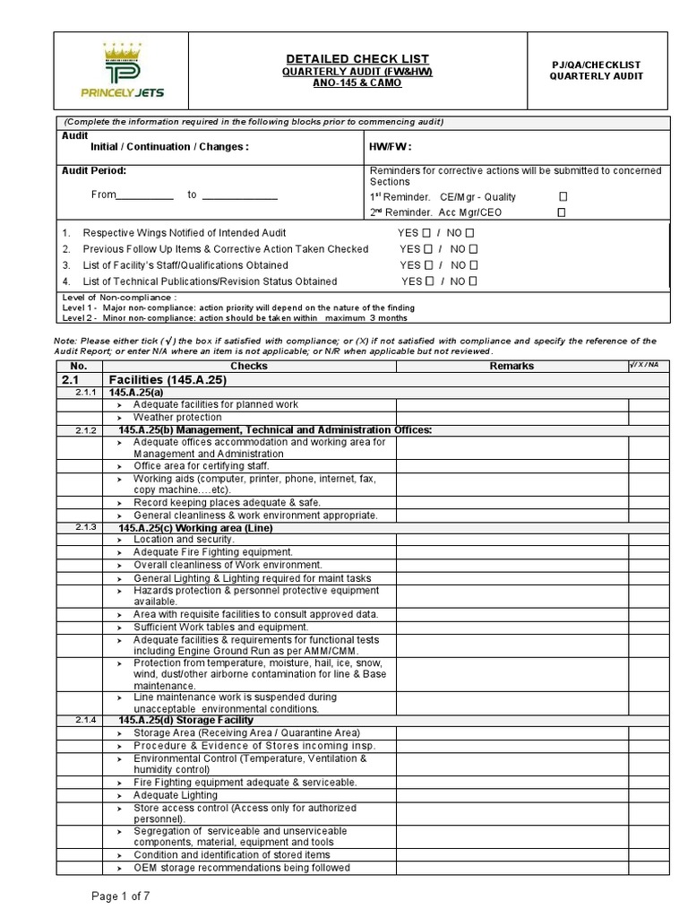 Detailed Check List: Pj/Qa/Checklist Quarterly Audit | PDF | Audit ...
