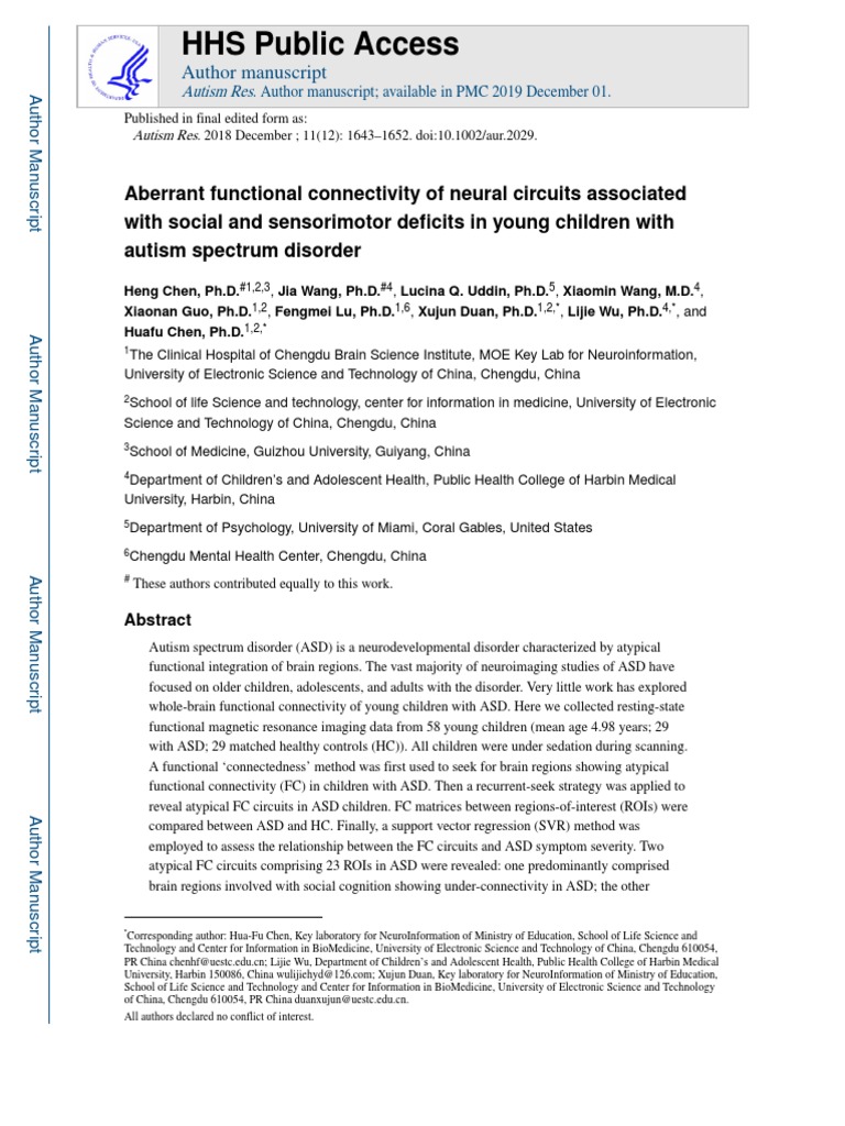 Aberrant Functional Connectivity of Neural Circuits Associated With Social and Sensorimotor ...