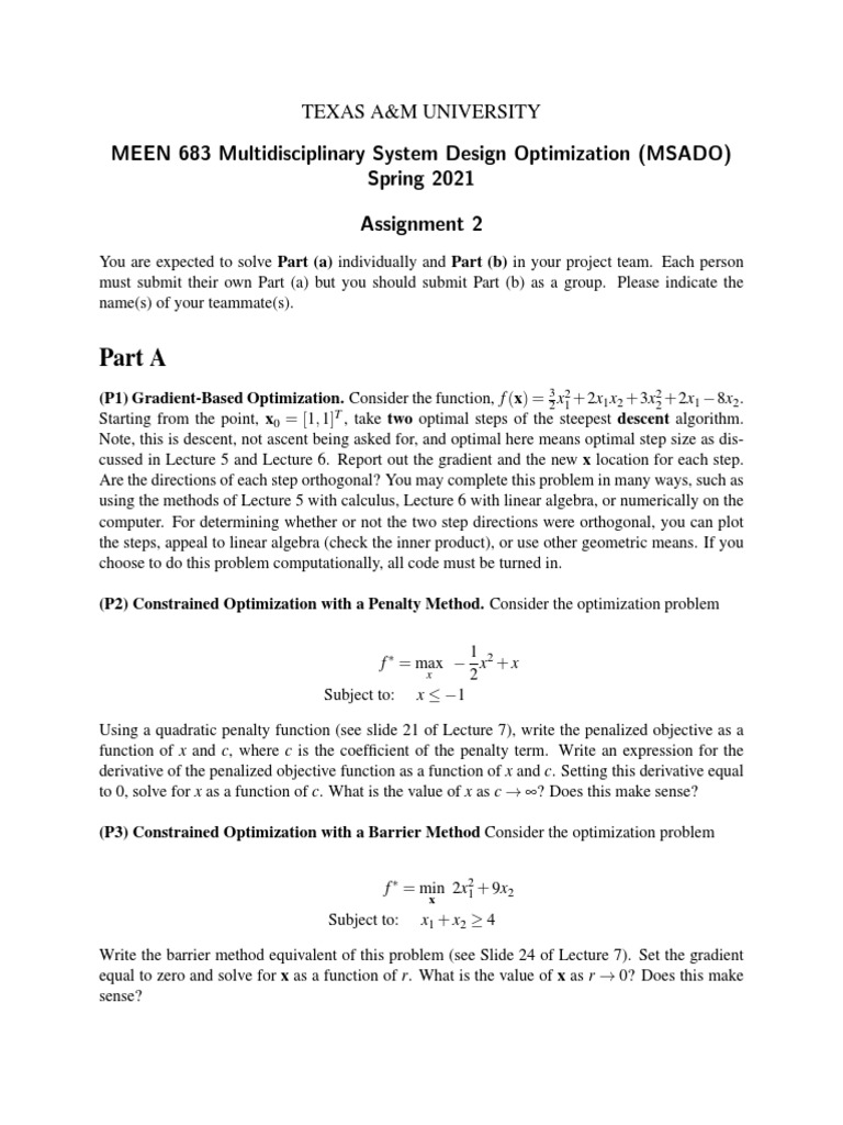 Part A: Texas A&M University MEEN 683 Multidisciplinary System Design Optimization (MSADO ...