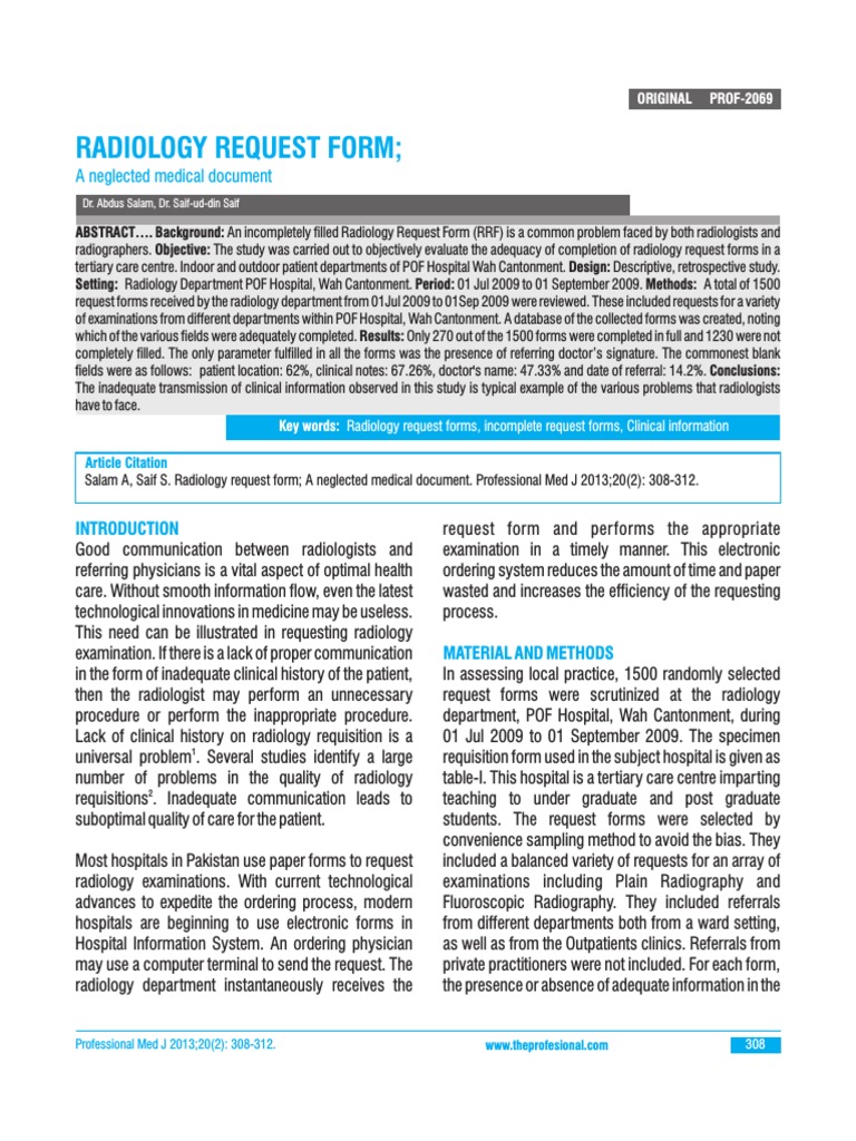 Radiology Request Form : A Neglected Medical Document | PDF | Radiology ...