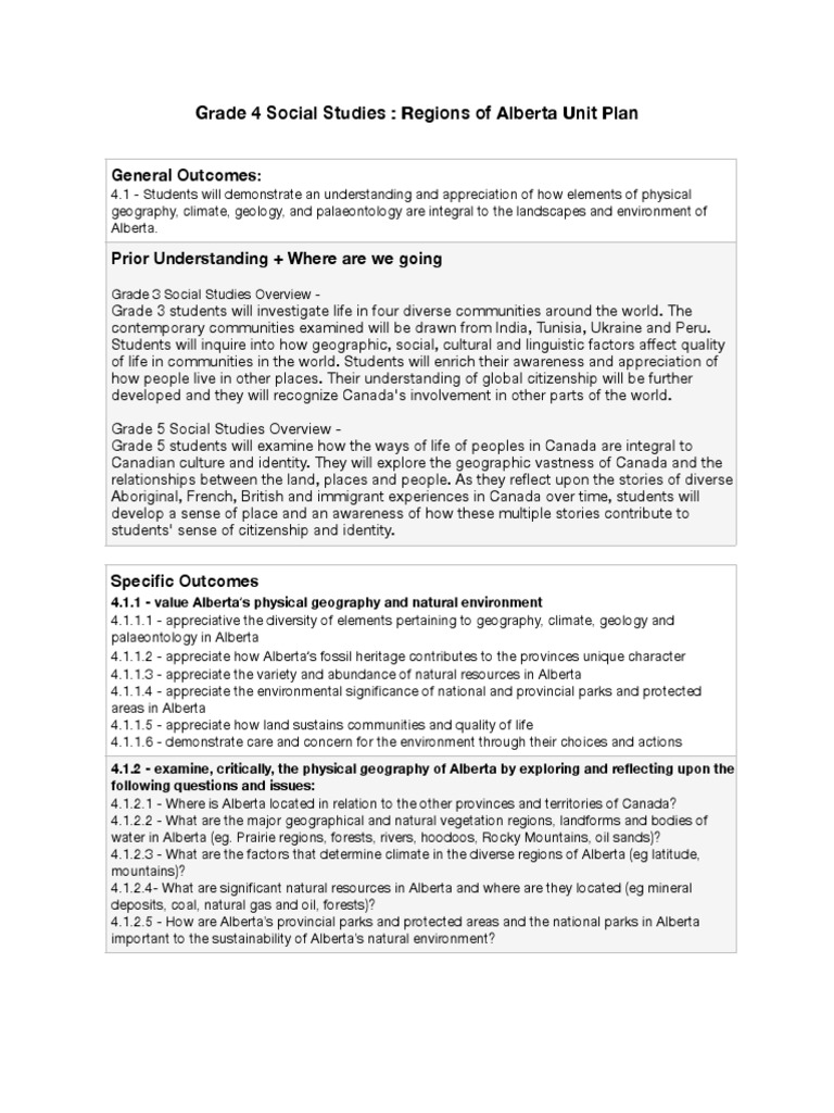 Grade4 Social Studies Regions of Ab Unit Plan 4 | PDF | Alberta | Geography