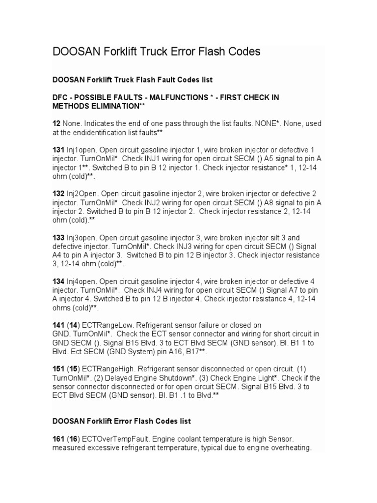 DOOSAN Forklift Truck Error Flash Codes | PDF | Equipment | Mechanical ...