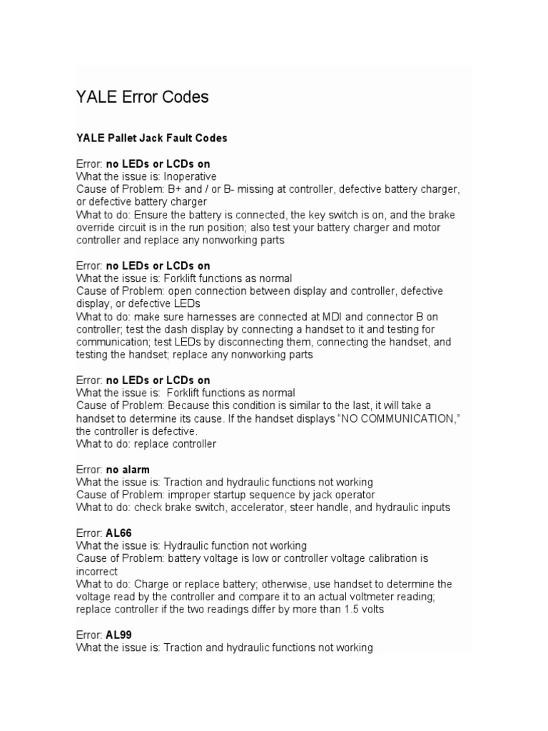 YALE Error Codes | PDF | Electric Motor | Electrical Resistance And ...