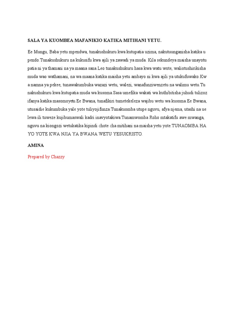 Sala Ya Kuombea Mafanikio Katika Mitihani Yetu. | PDF