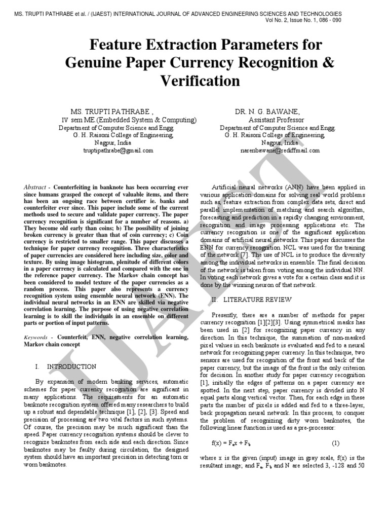 12 Ijaest Volume No 2 Issue No 1 Feature Extraction Parameters For Genuine Paper Currency