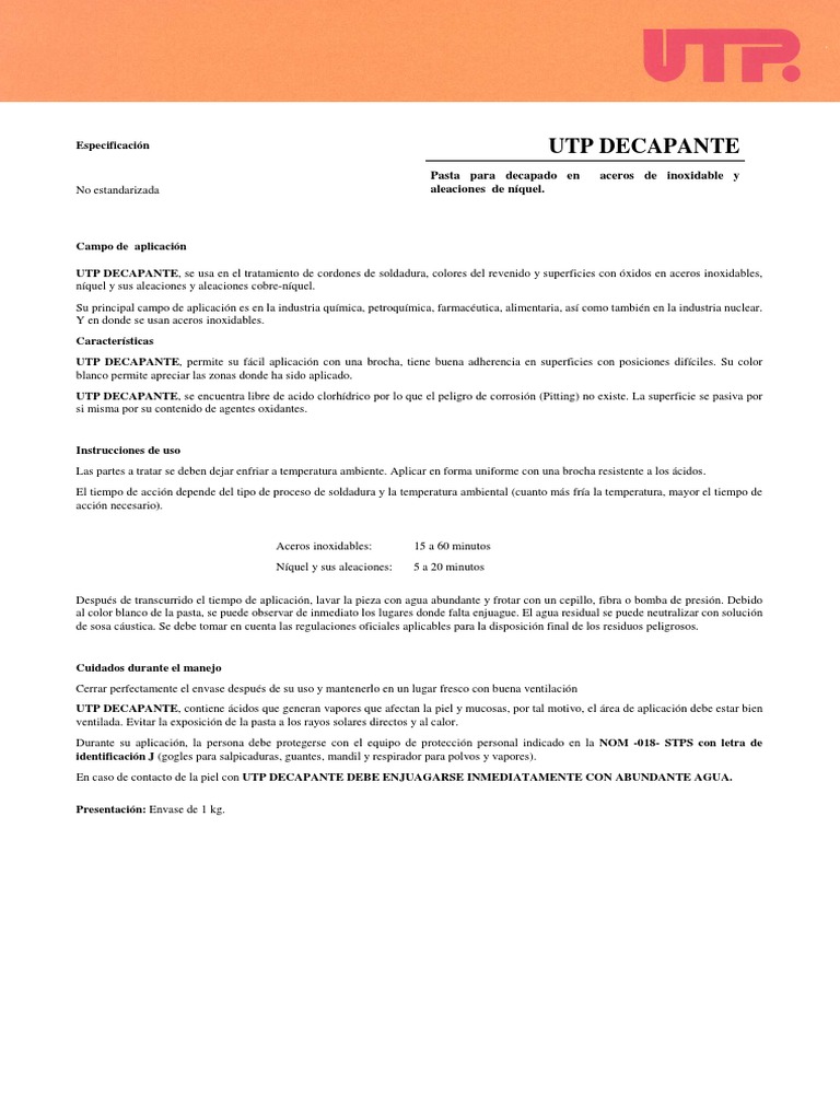 Decapante UTP | PDF | Acero inoxidable | Construcción