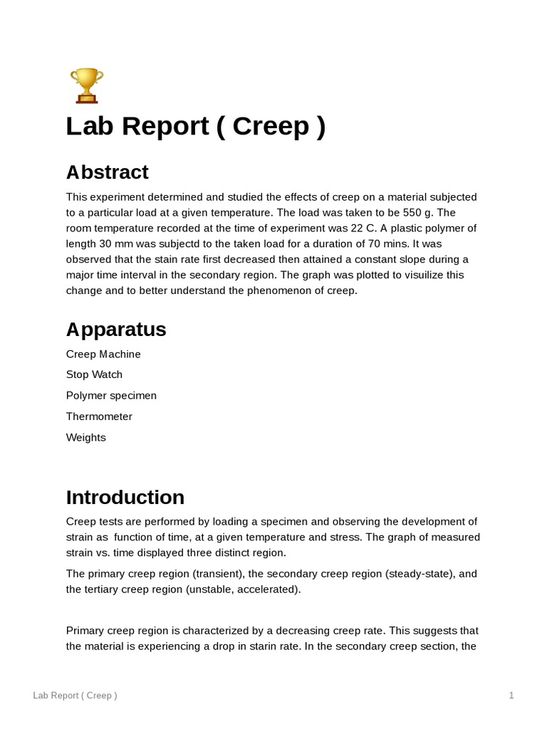 Lab Report (Creep) 1 | PDF | Creep (Deformation) | Applied And ...