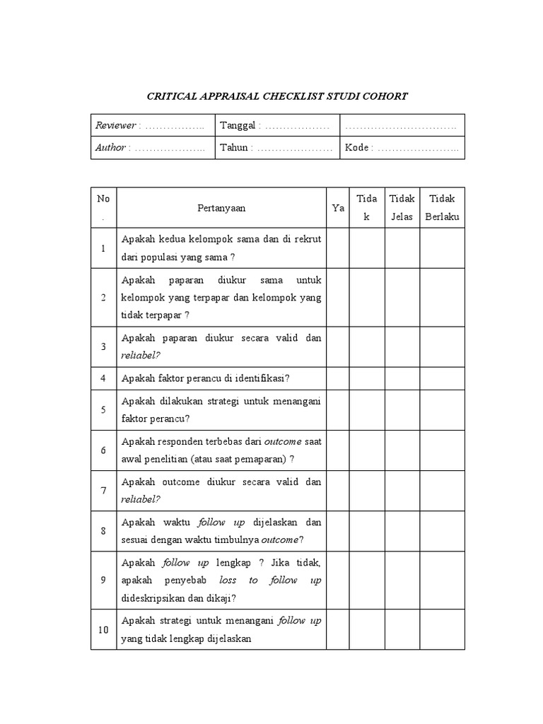 Checklist Penilaian Studi Kohort | PDF