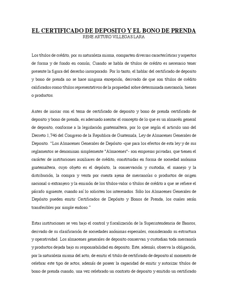 El Certificado De Deposito Y El Bono De Prenda Pdf Instrumento