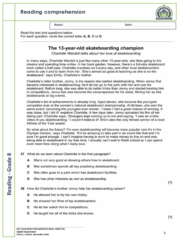 Reading Comprehension: Name: Date | PDF