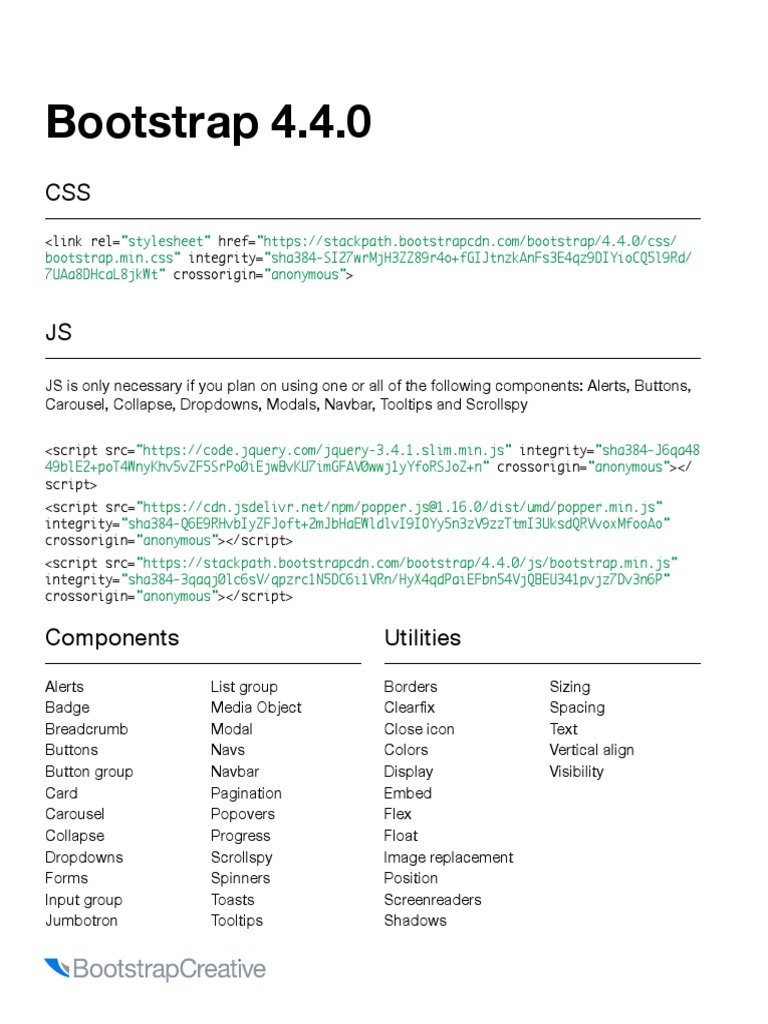Bootsrap Cheat Sgeet | PDF | Bootstrap (Front End Framework) | Java Script
