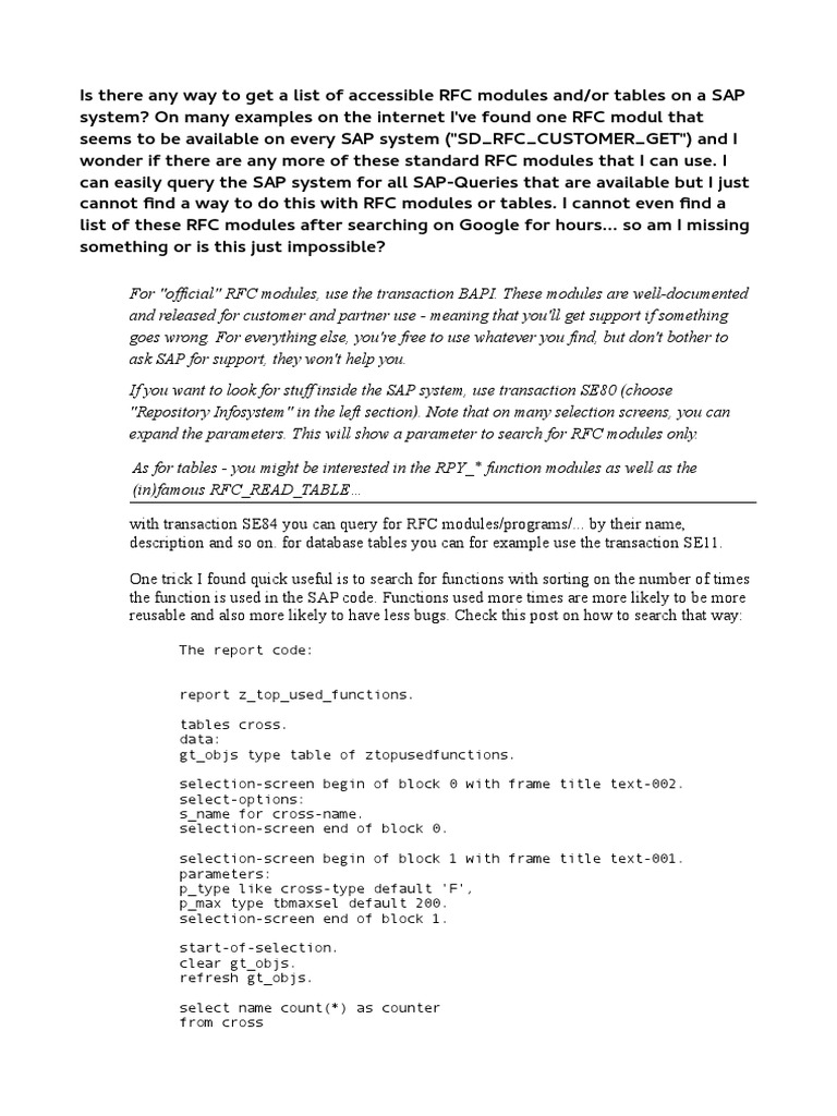 SAP RFC Modules & Tables Guide | PDF | Database Transaction ...