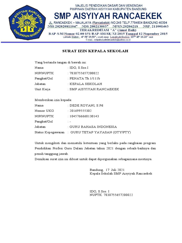 DEDE Surat - Izin - Kepala - Sekolah - Calon - Peserta - PPG | PDF ...