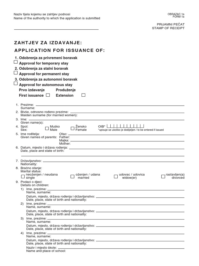Zahtjev Za Izdavanje: Application For Issuance Of:: Obrazac 1A Form 1A ...