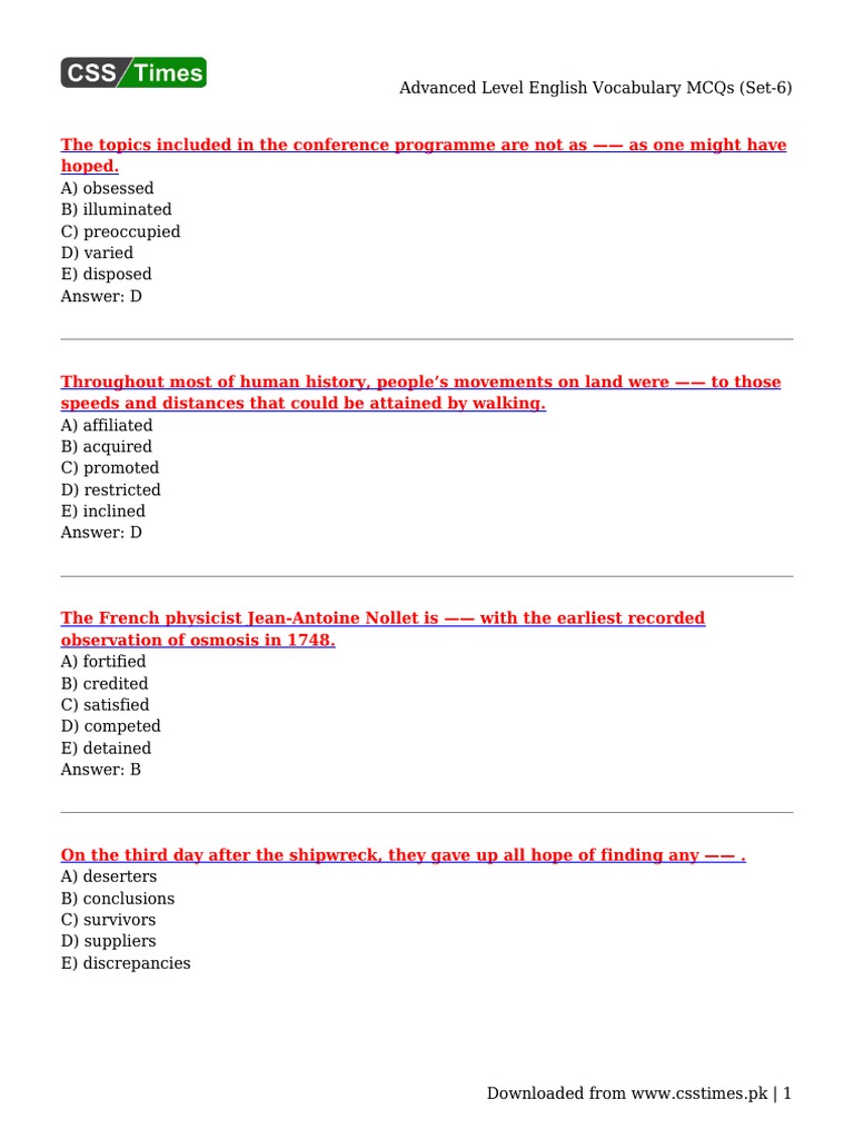 Advanced Level English Vocabulary MCQs (Set-6) | PDF | English Language