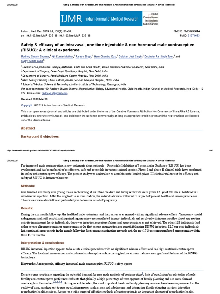 RISUG - Safety & Efficacy of An Intravasal, One-Time Injectable ...