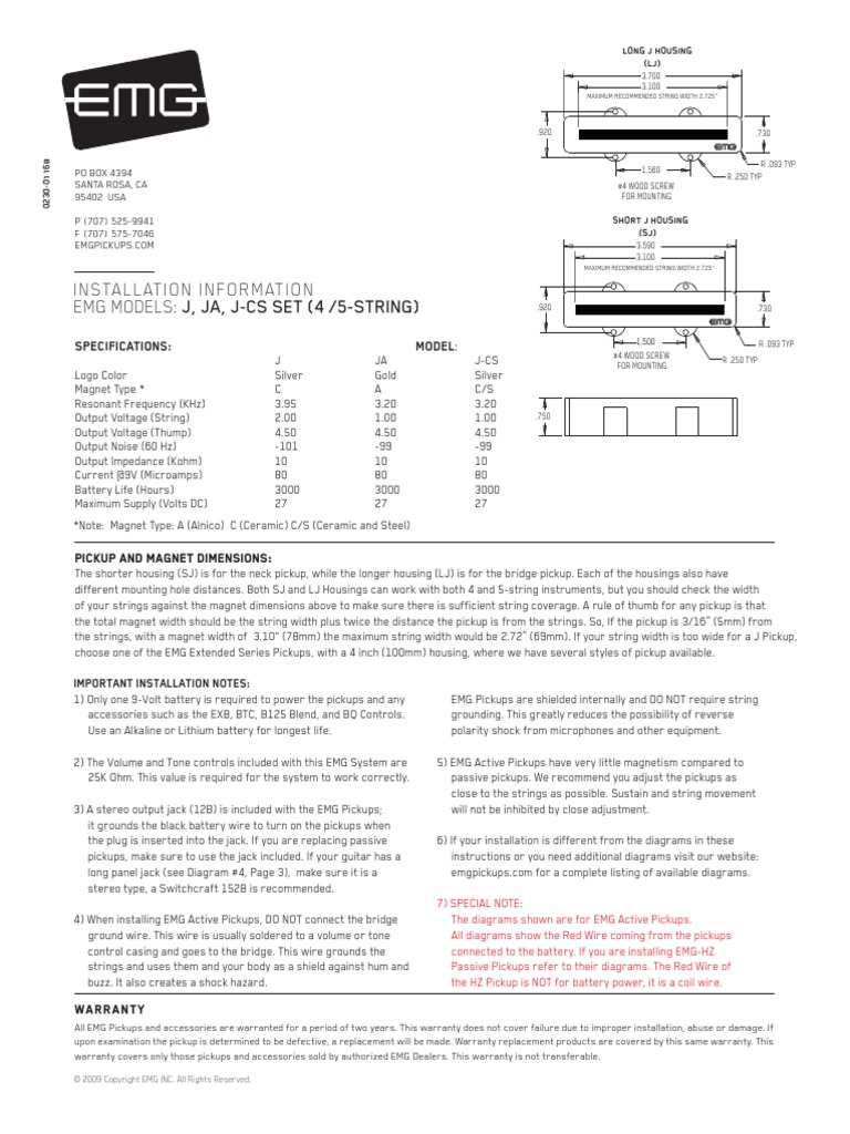 Installation Information Emg Models: J, Ja, J-Cs Set (4 /5-String ...