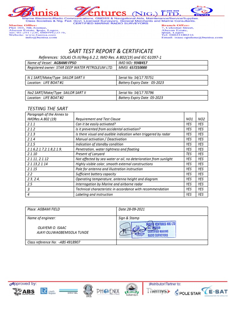 Agbami 1 SART Test Report | PDF