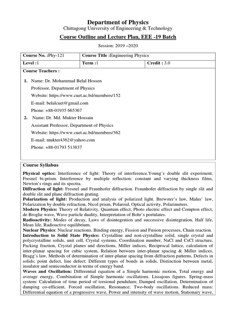 Department of Physics: Course Outline and Lecture Plan, EEE - 19 Batch ...