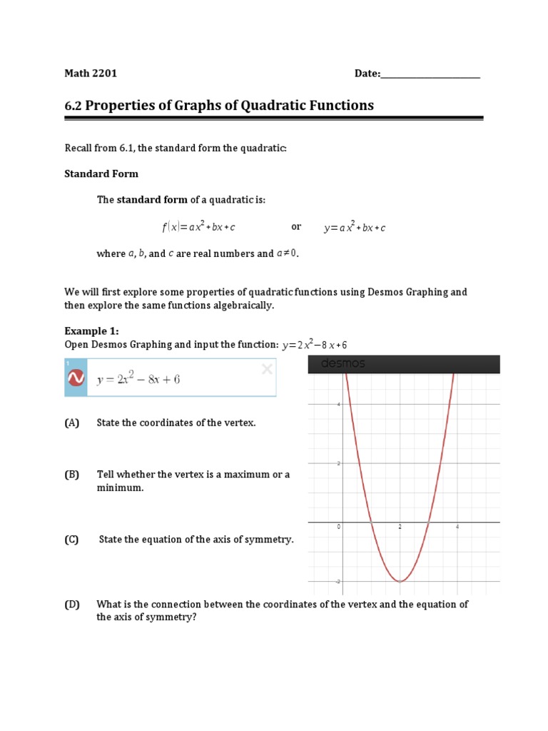 Properties of Graphs of Quadratic Functions: Math 2201 Date | PDF ...