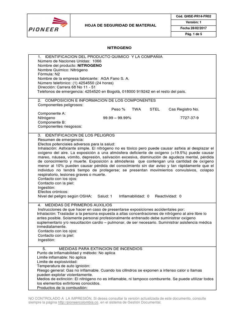 MSDS Nitrogeno | PDF | Oxígeno | Nitrógeno