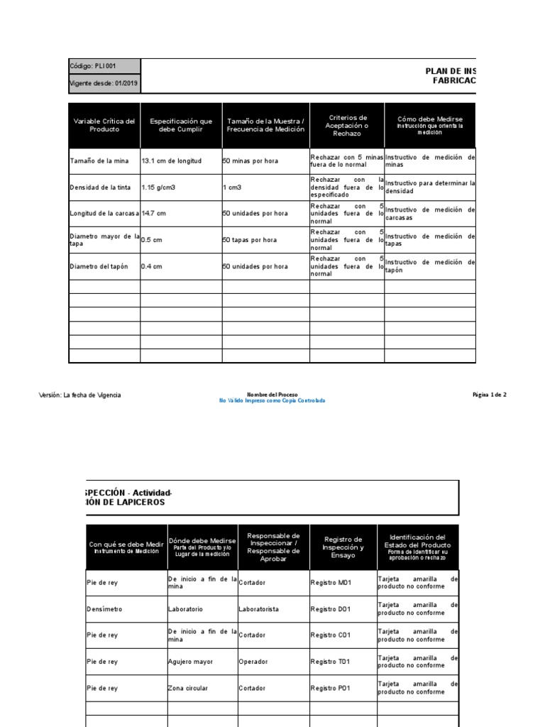 Plantilla Plan de Inspeccion | PDF | Metrología